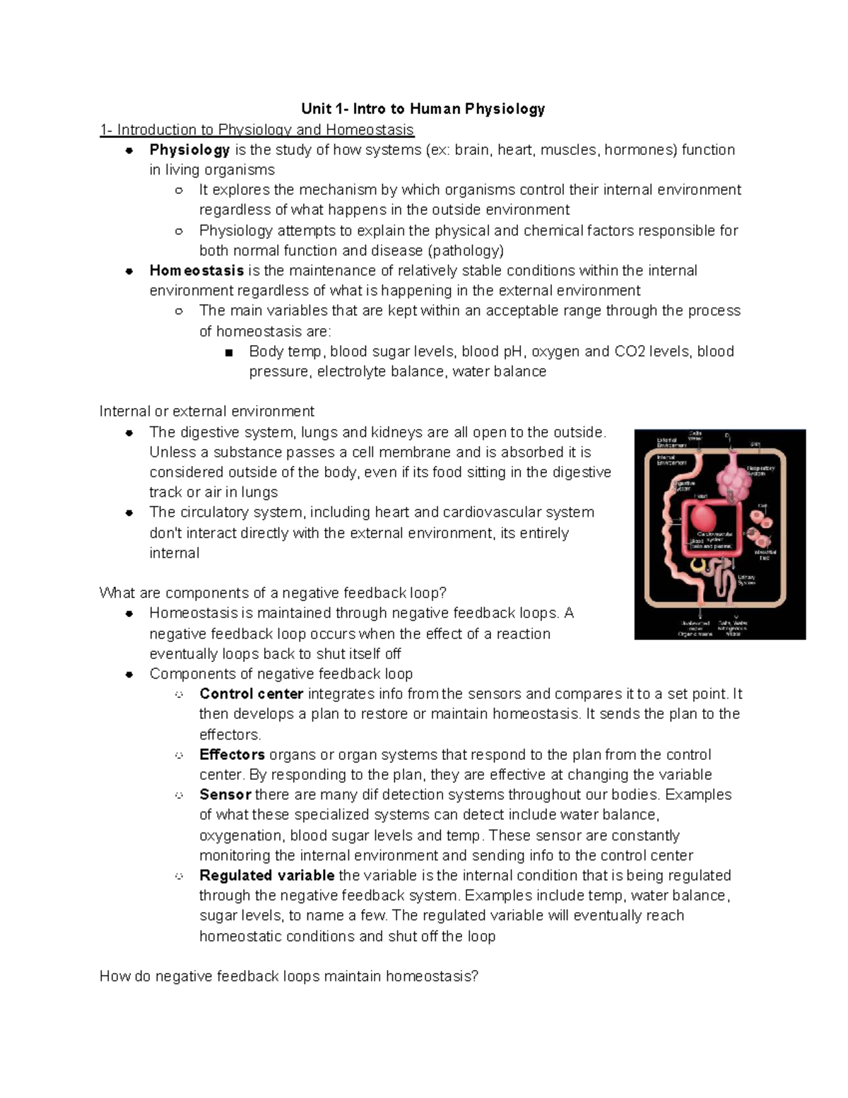Unit 1: Introduction to Human Physiology and Homeostasis - Studocu