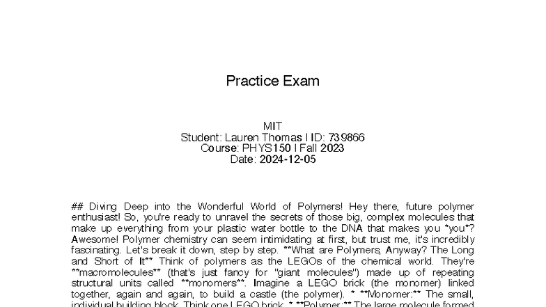 Practice Exam PHYS150: Exploring the Fascinating World of Polymers ...