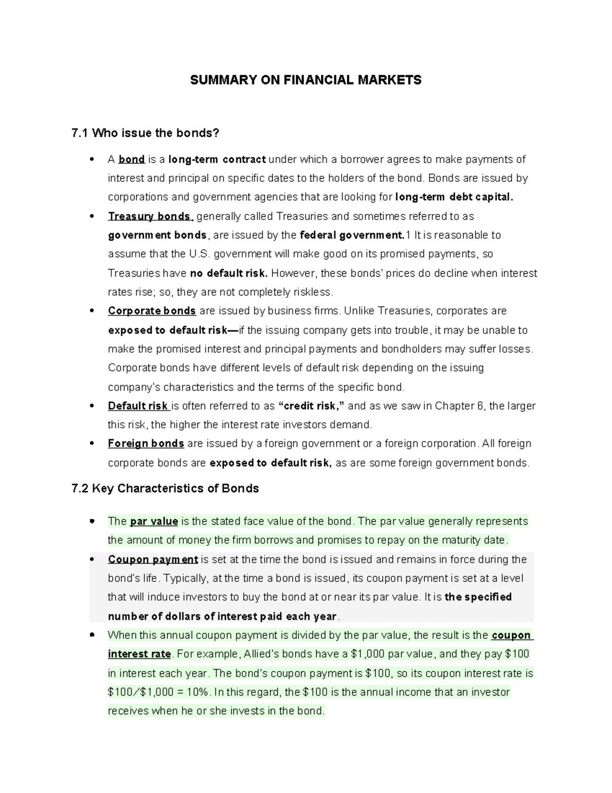 Summary ON Financial Markets - SUMMARY ON FINANCIAL MARKETS 7 Who issue ...