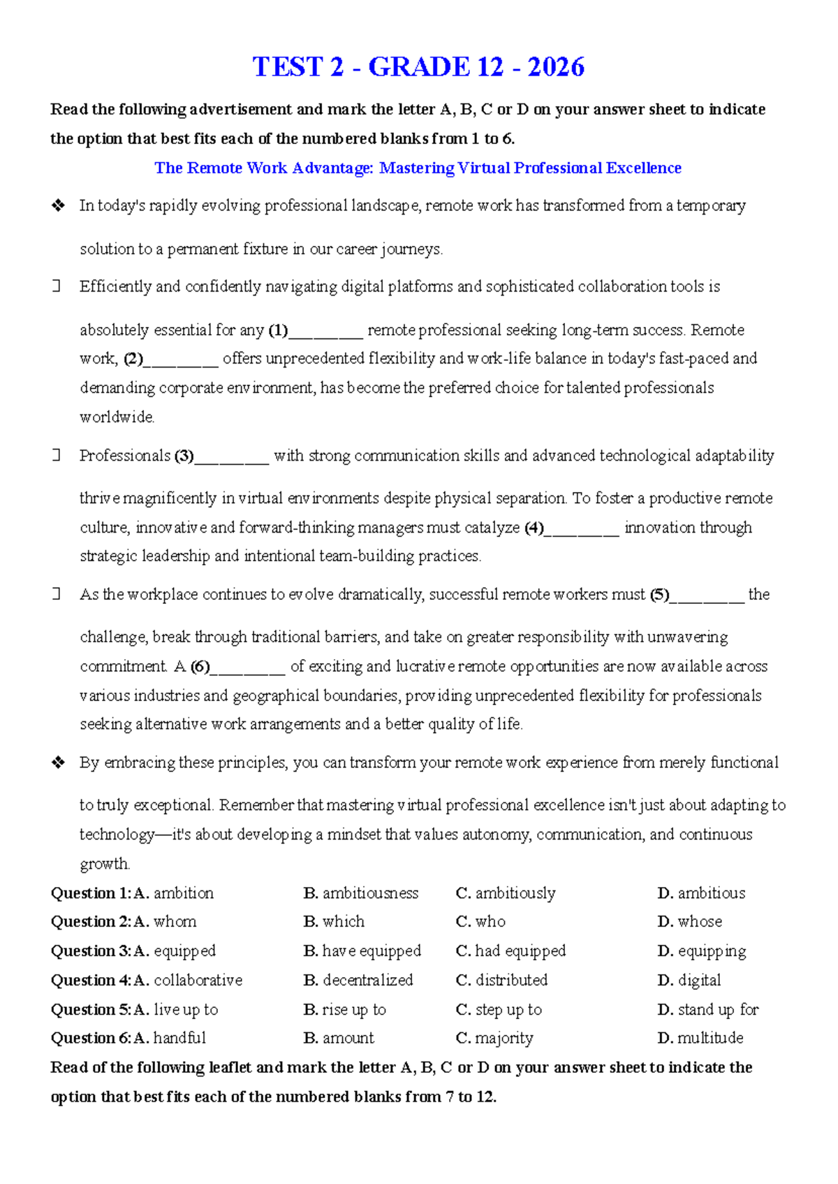 Test 2 Grade 12: Mastering Remote Work & Urban Challenges - Studocu