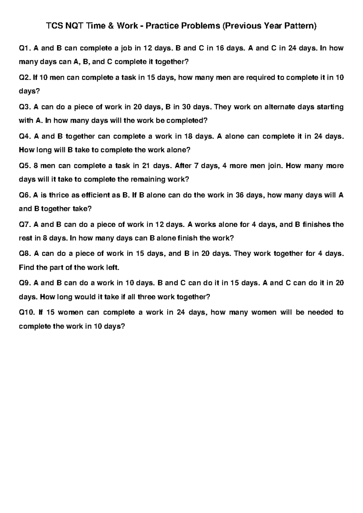 TCS NQT Time and Work Practice Problems (Previous Year) - Studocu