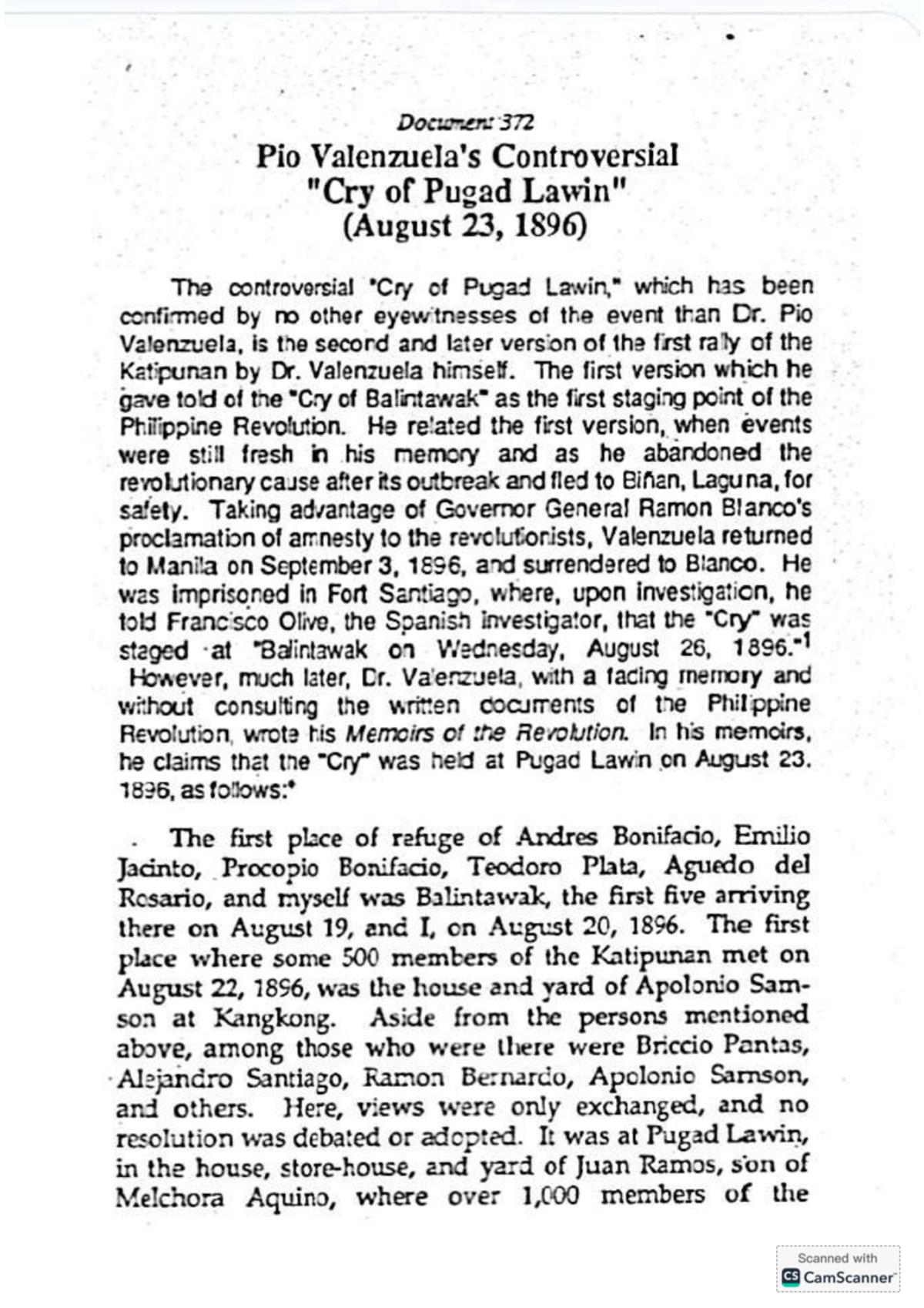Docwomer: 372 Pio Valenzuela's Account of Pugad Lawin (Aug 23, 1896 ...