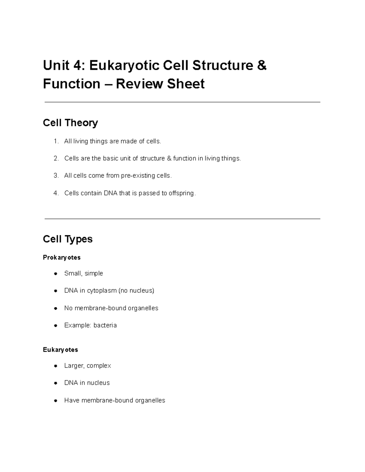 Unit 4: Eukaryotic Cell Structure & Function - Review Sheet - Studocu