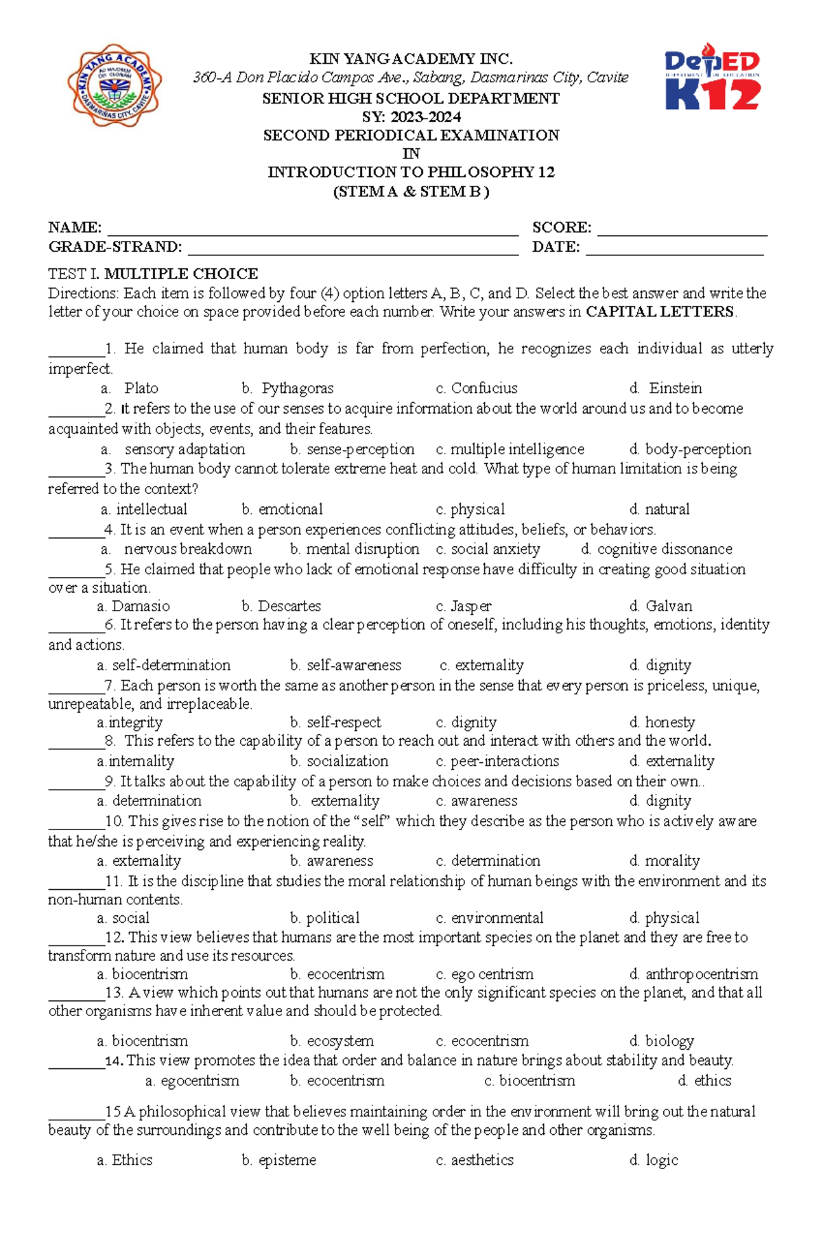 2ND Periodical EXAM Intro - KIN YANG ACADEMY INC. 360-A Don Placido ...