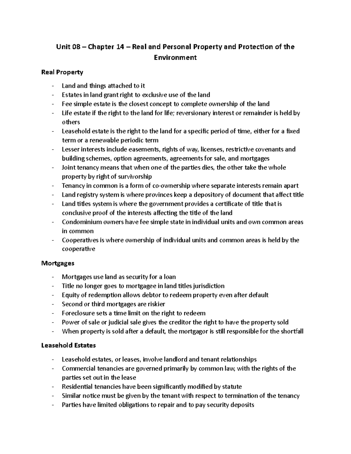 Unit 08 - Chapter 14: Real & Personal Property + Environmental ...