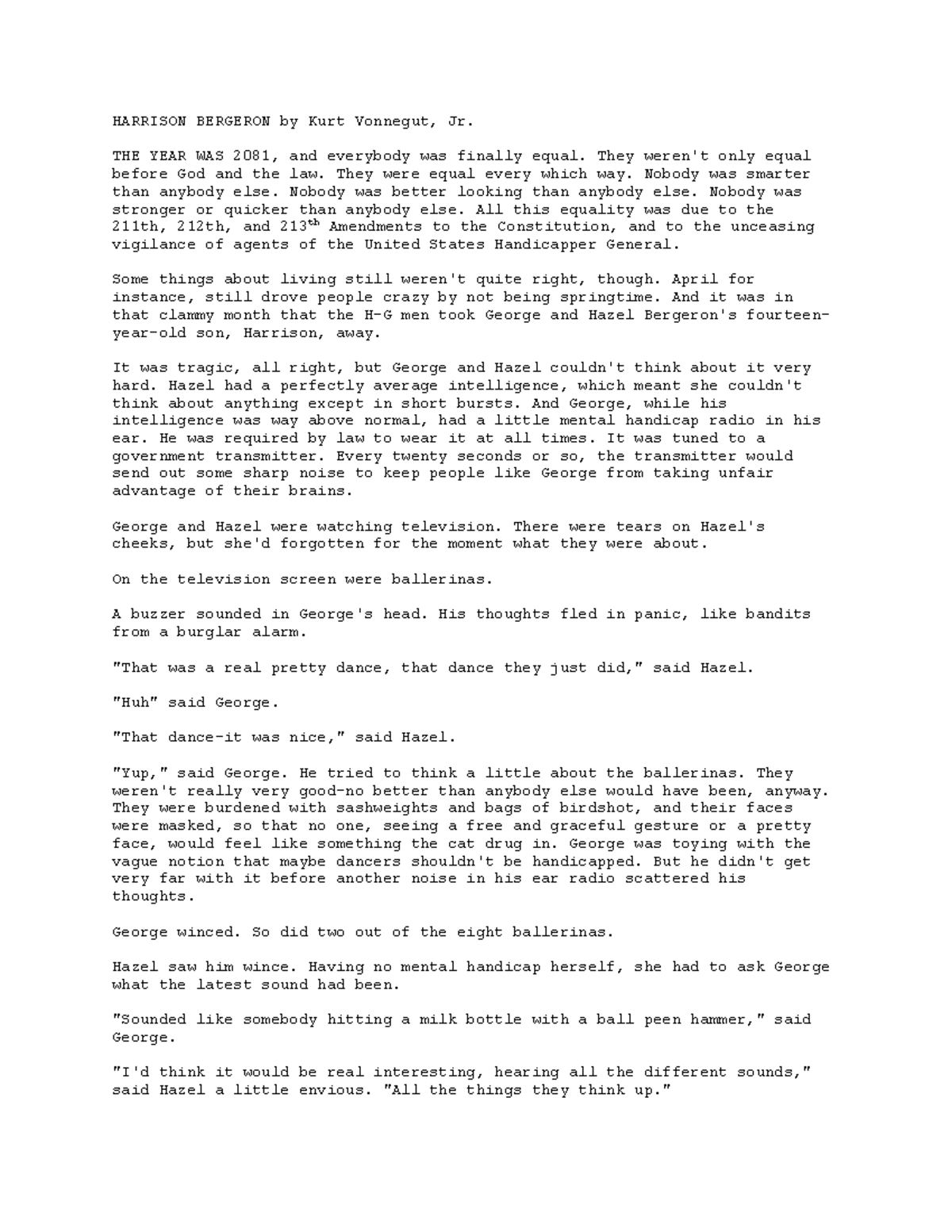 Harrison Bergeron - Reading PDF Analysis and Summary Notes - Studocu