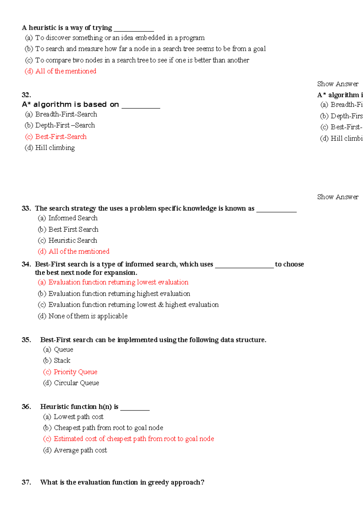 AI MCQ Study Guide - Heuristics and Search Algorithms - Studocu