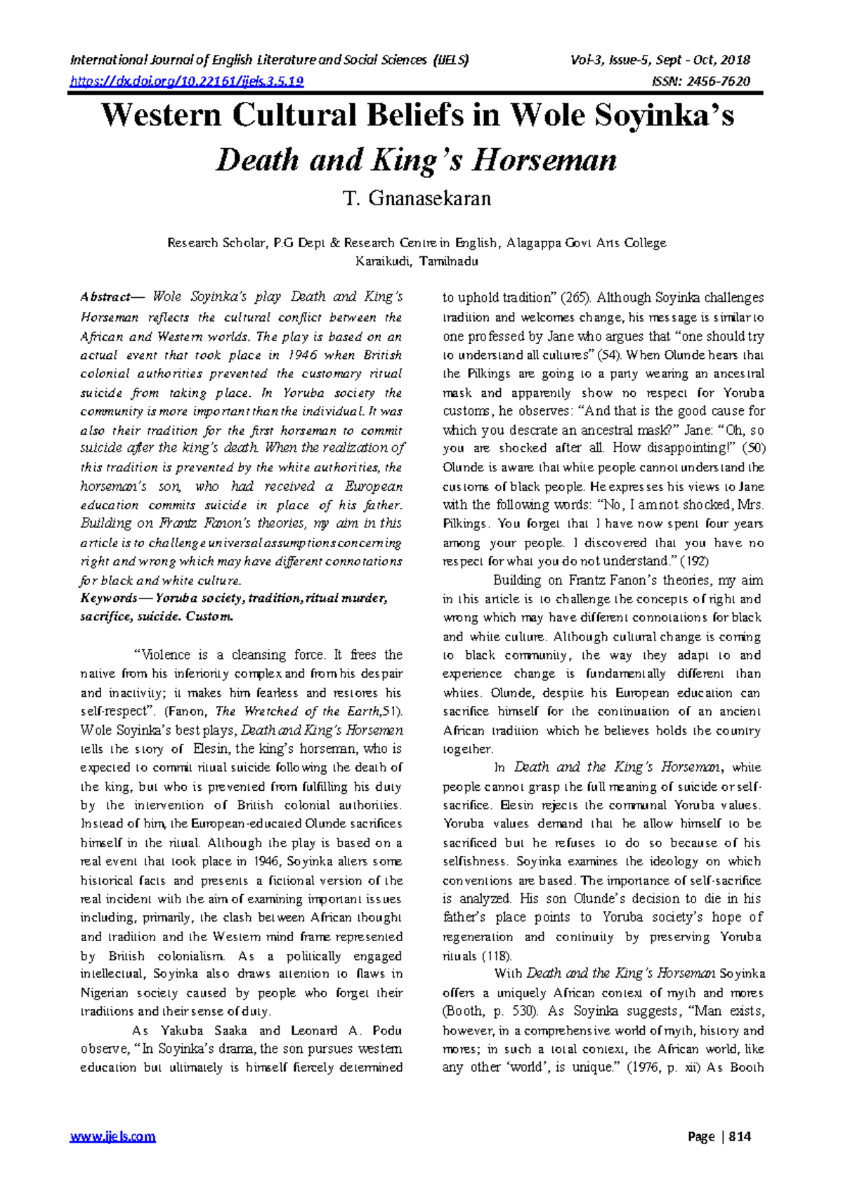 IJELS 19: Western Cultural Beliefs in Wole Soyinka's Death and the ...
