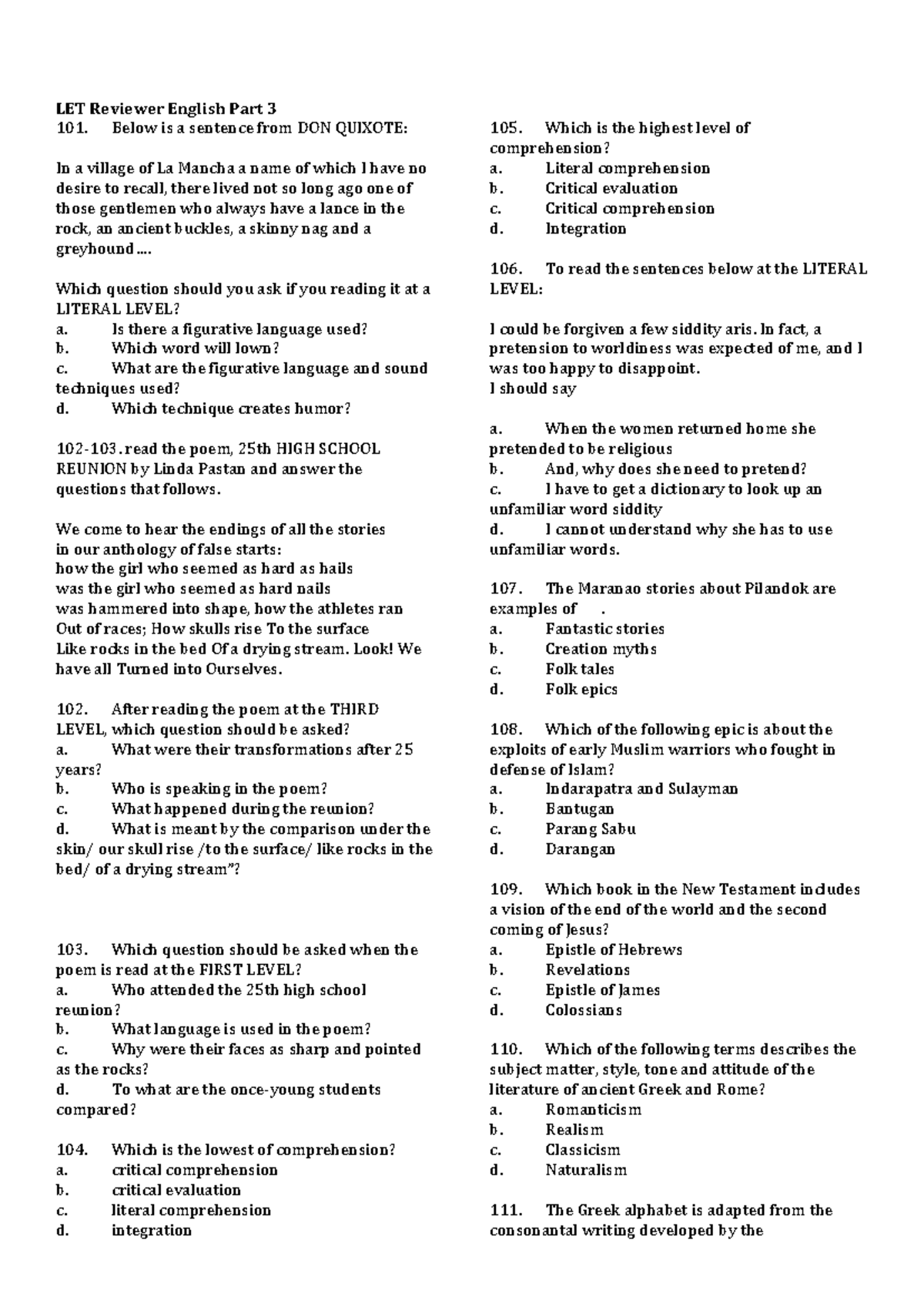 LET Reviewer: Major English Exam Part 3 - Studocu