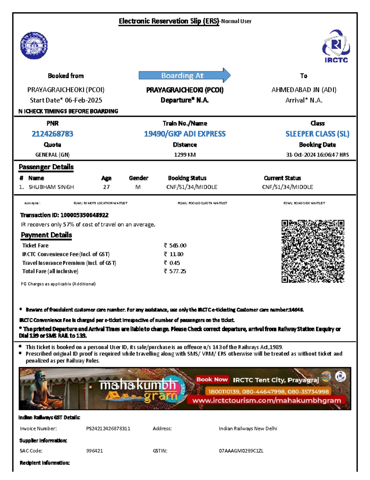 Electronic Reservation Slip for Train Class 2124268783 (PCOI) - Studocu