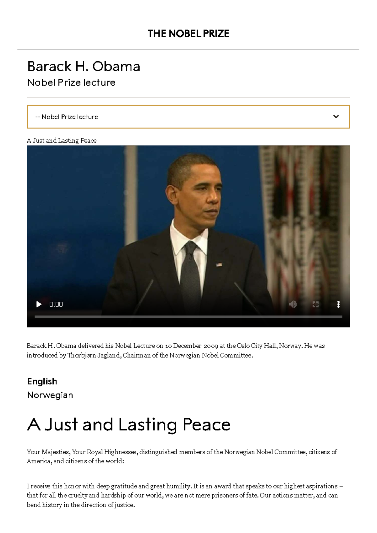 Barack H. Obama Nobel Prize Lecture: A Just and Lasting Peace - Studocu