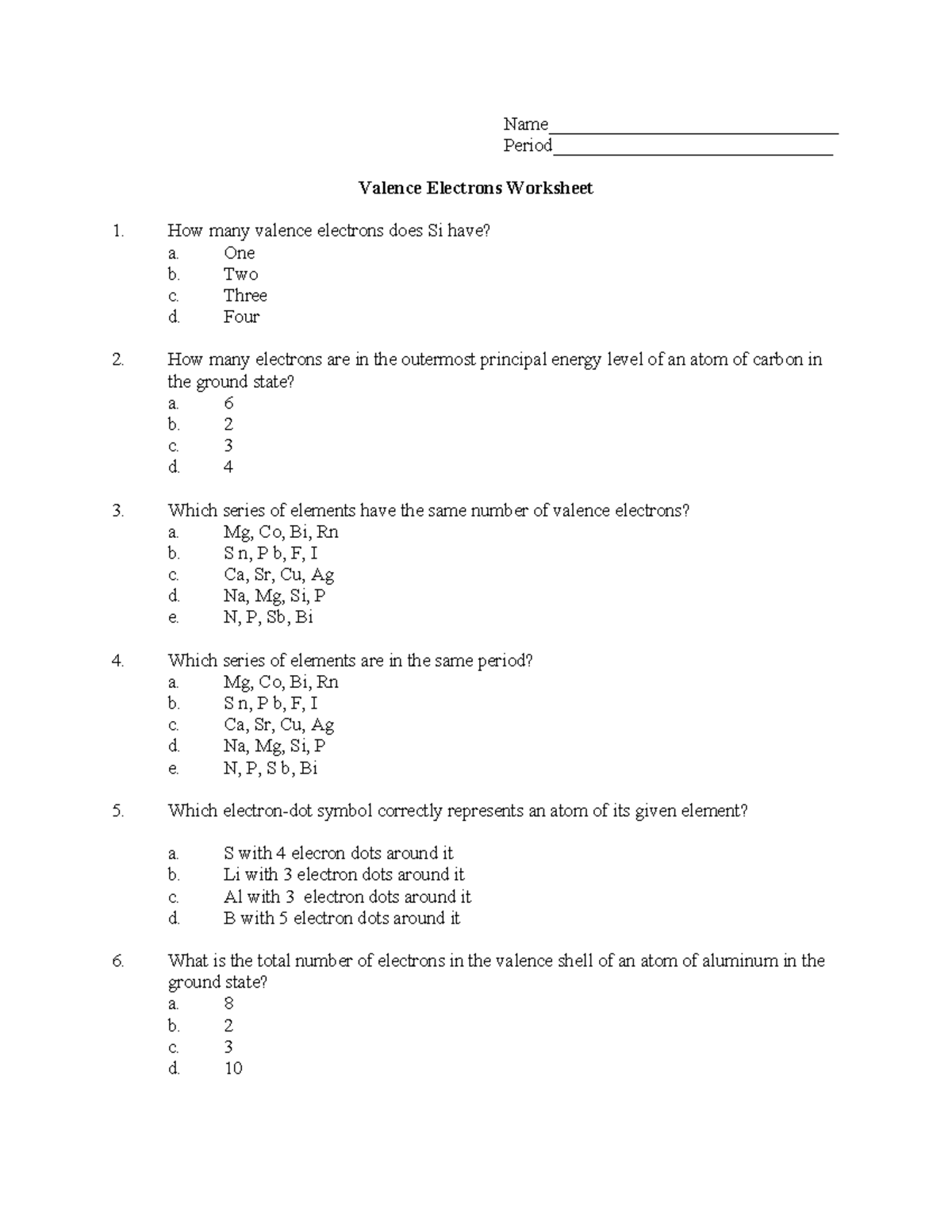 Valence Electrons Worksheet - Name_______________________________ - Studocu