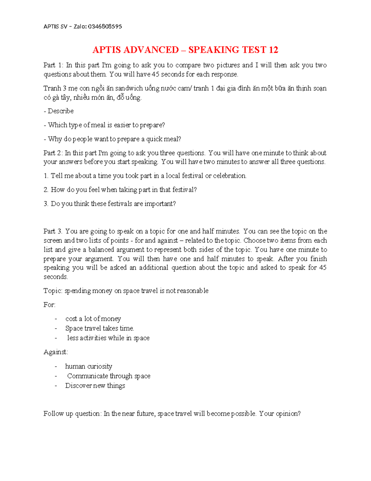 APTIS SV Test 12: Advanced Speaking Exam Guide - Studocu
