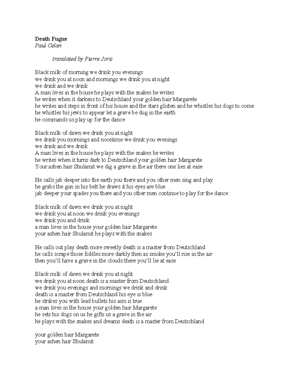 Paul Celan - Death Fugue Analysis and Interpretation - Studocu