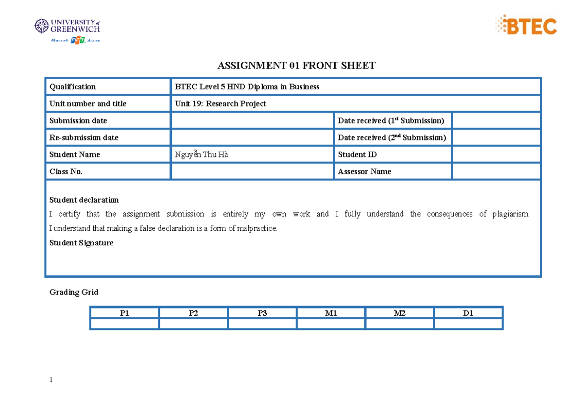 5060 BTEC Level 5 HND Business Unit 19: Research Project Assignment 1 ...