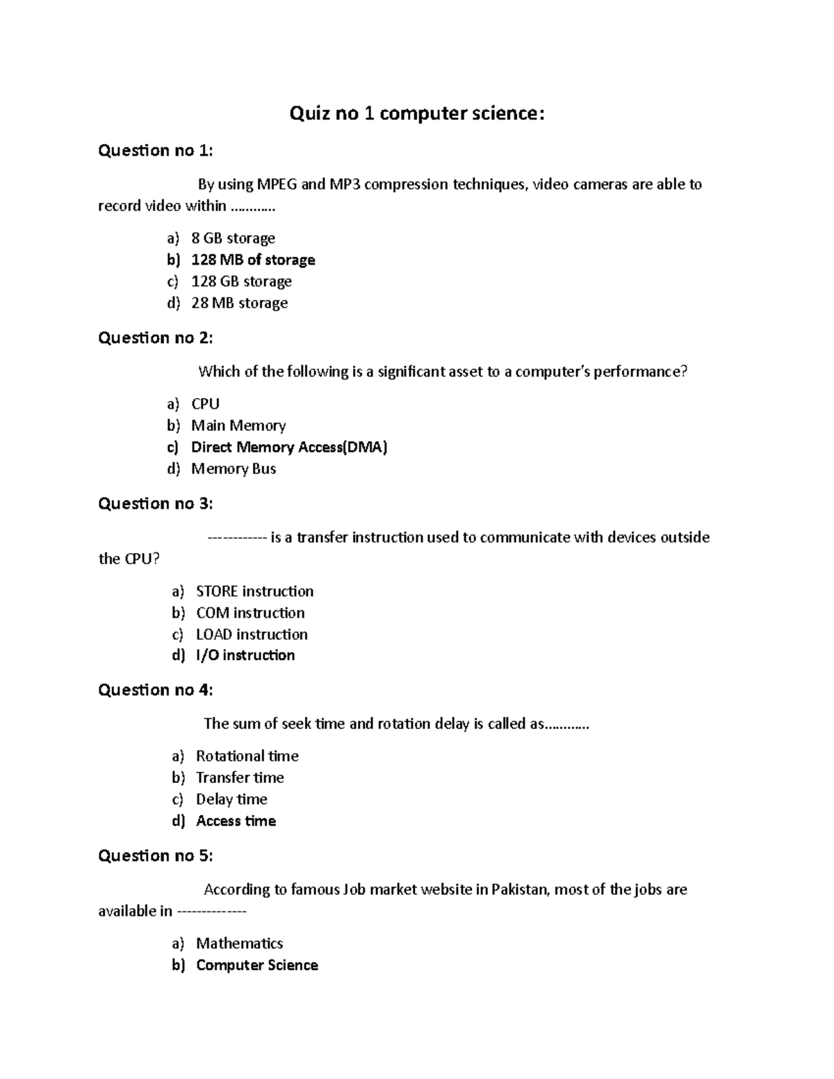 Quiz 1: Computer Science Concepts & Compression Techniques - Studocu