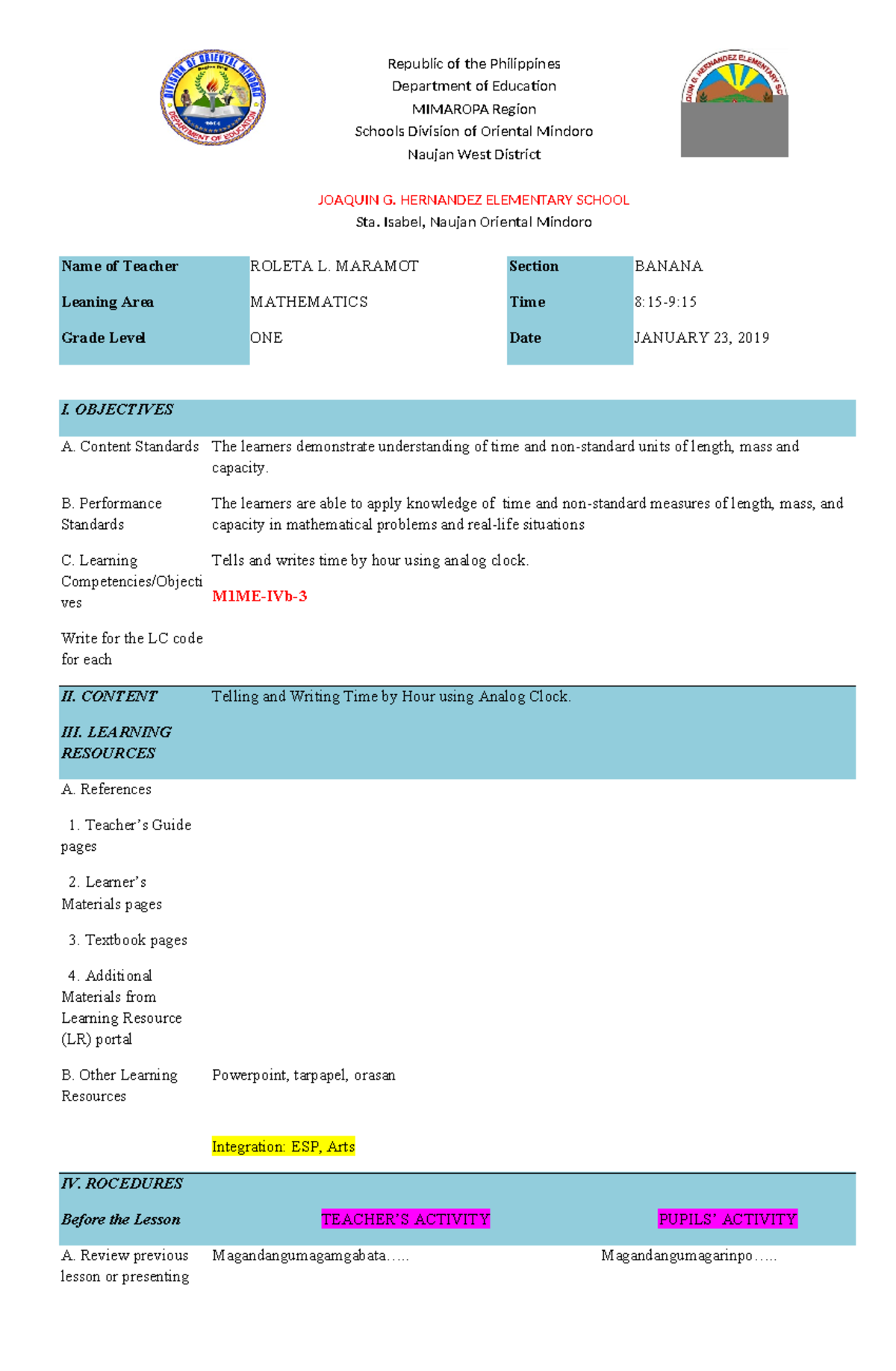 Math COT Q3 - Sample Lesson Plan for Grade 1 on Telling Time - Studocu