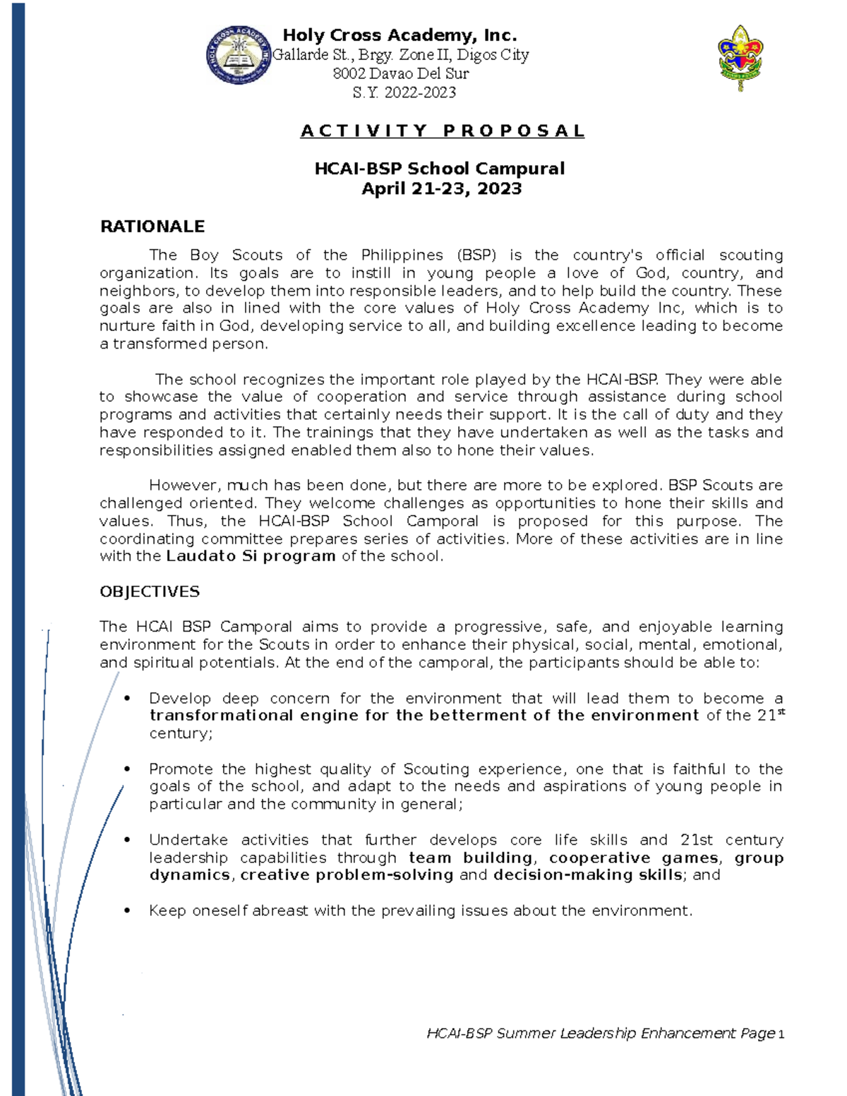 HCAI-BSP School Camporal Program Proposal (April 2023) - Studocu