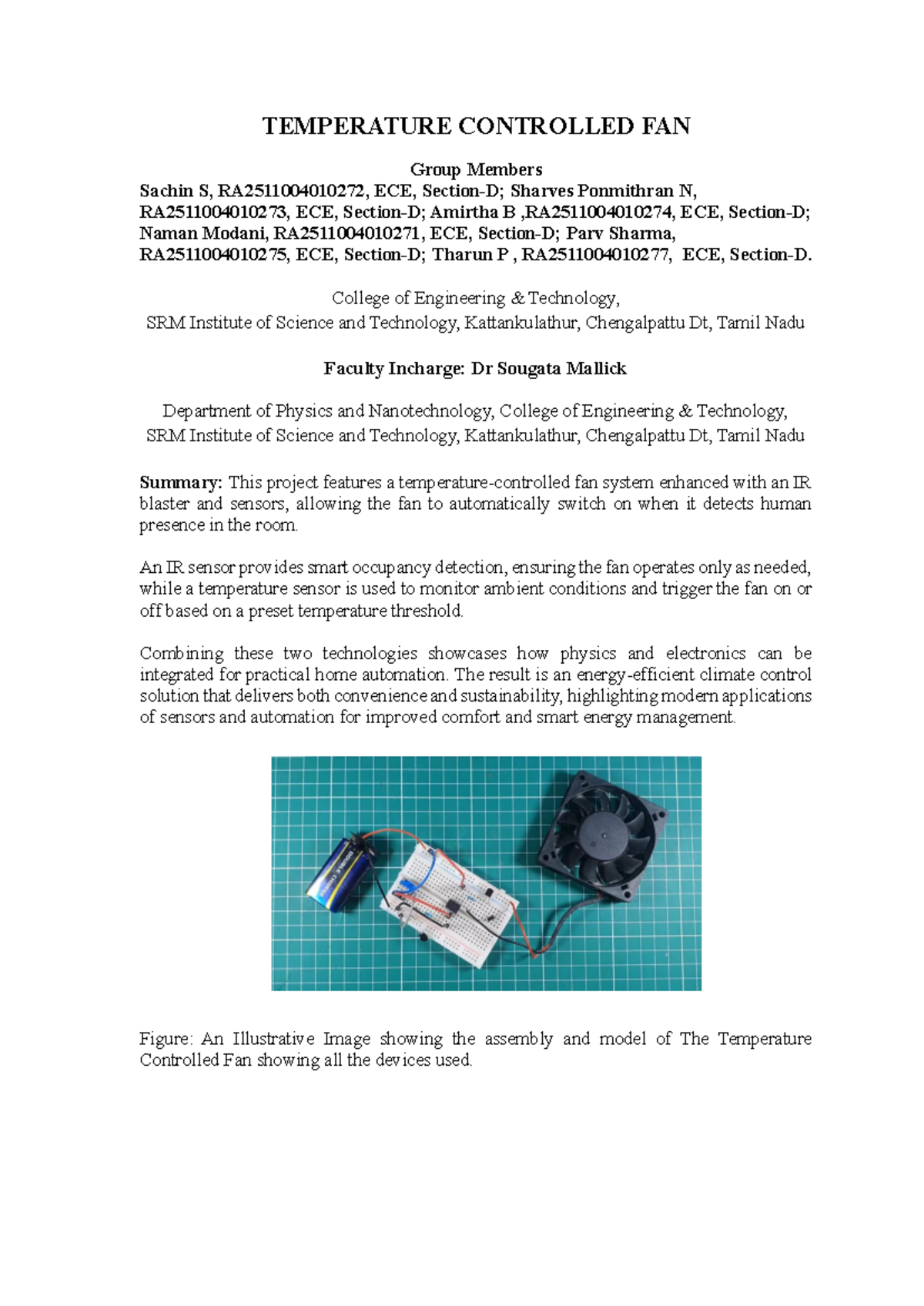 TEMPERATURE CONTROLLED FAN Project Review - ECE Group RA2511 - Studocu