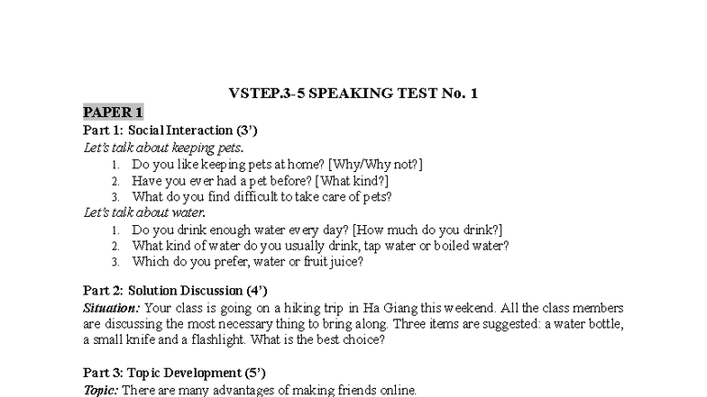 VSTEP 3-5 Speaking Test No. 1: Social Interaction & Discussion - Studocu