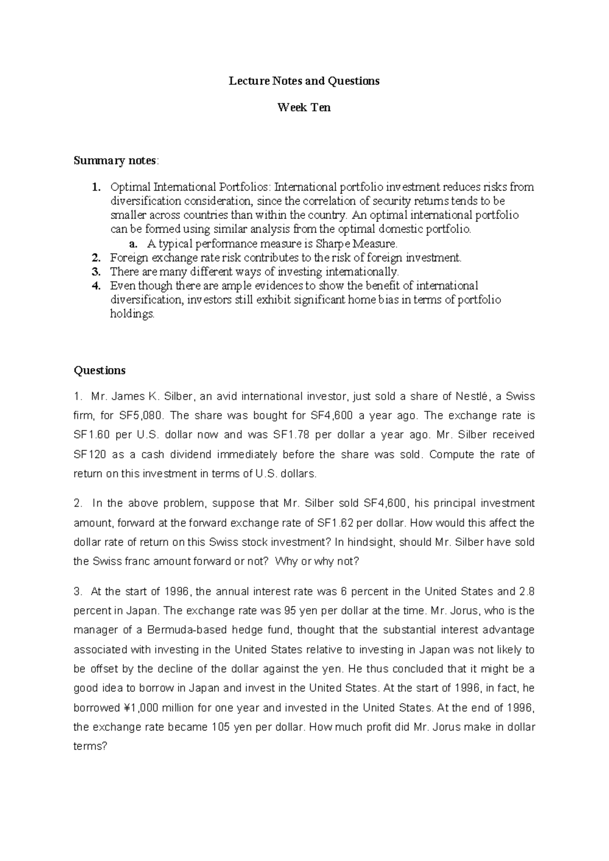 Week 10 - week 10 questions - Lecture Notes and Questions Week Ten ...