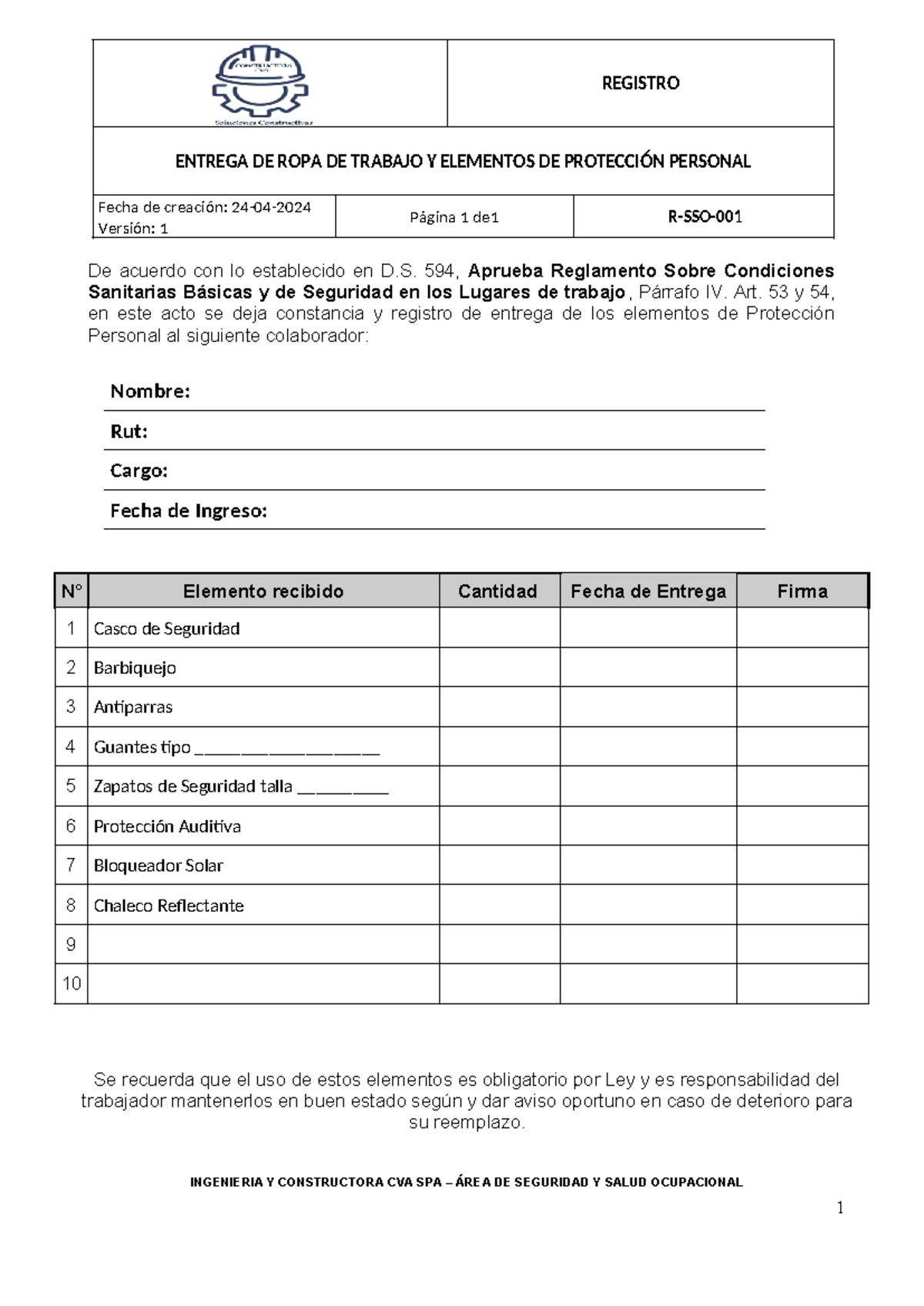 Registro de Entrega de EPP - CVA SPA - Studocu