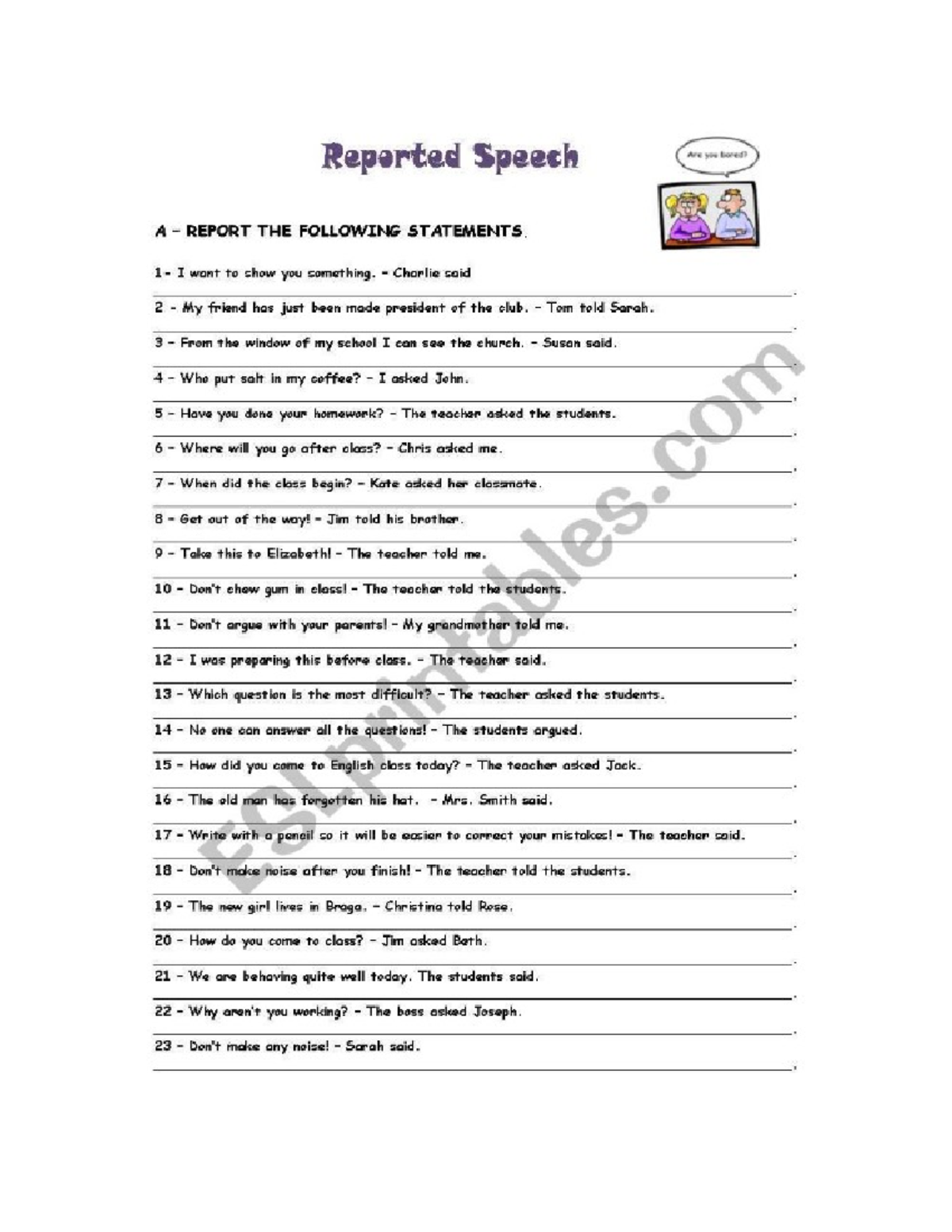 Reported Speech Practice Material: Exercises and Examples - Studocu