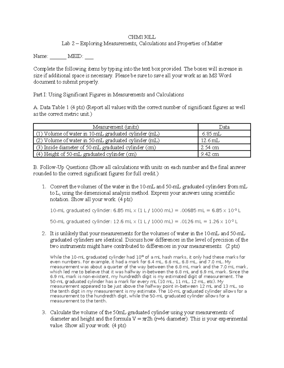 Lab 2: Measurements, Calculations & Properties of Matter - CHM130LL ...