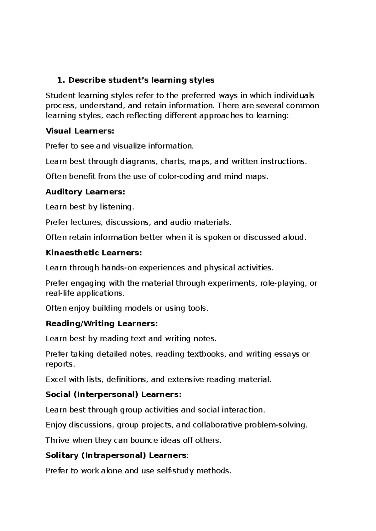 BUS 101: Learning Styles and Teaching Methods Overview - Studocu