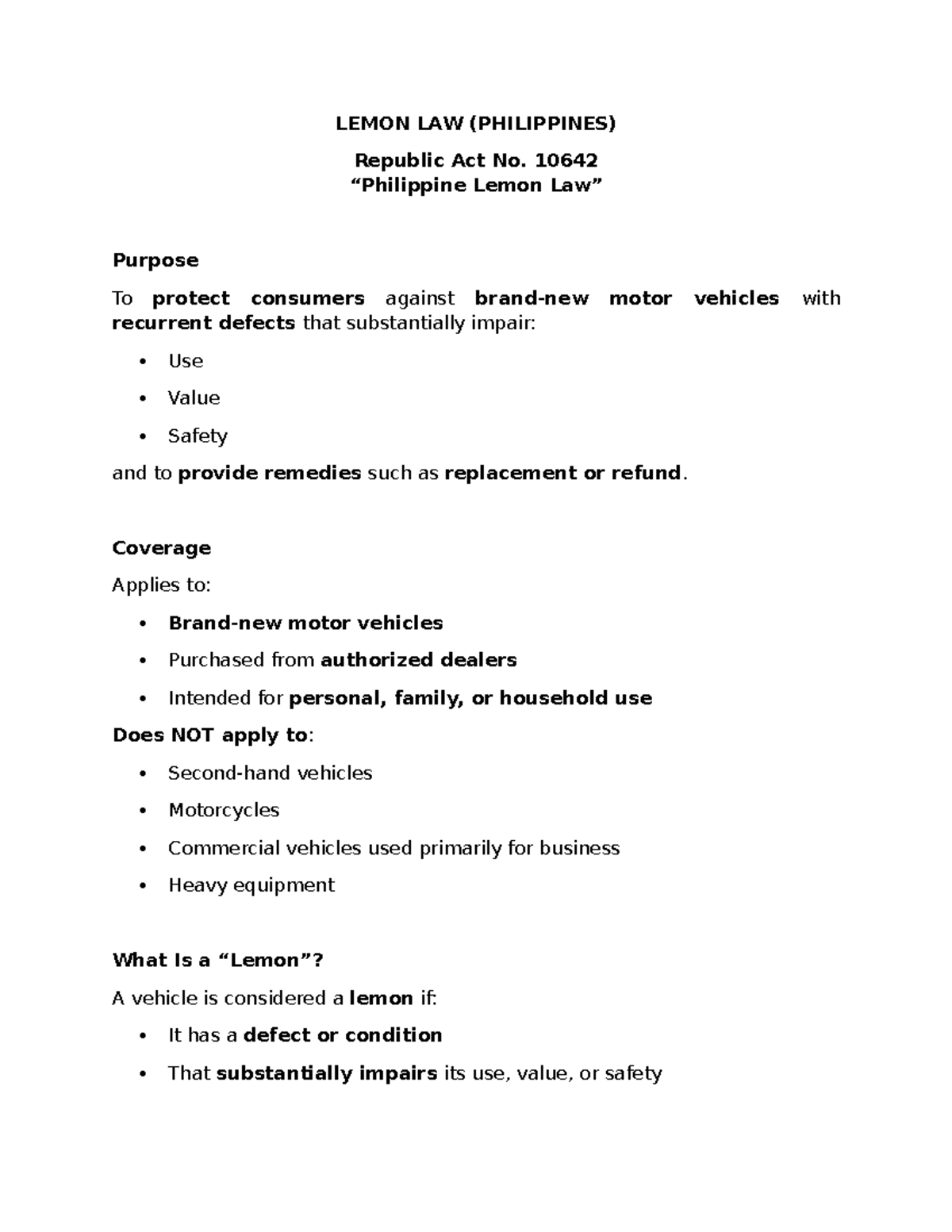 Lemon Law (Philippines) - Consumer Protection & Remedies Guide - Studocu