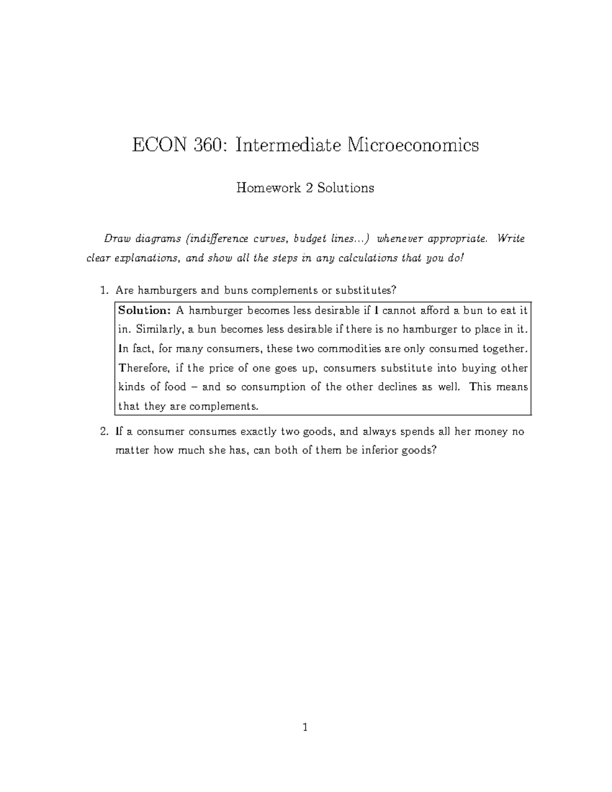 ECON 360 HW 2 - HW 2 answers - ECON 360: Intermediate Microeconomics ...