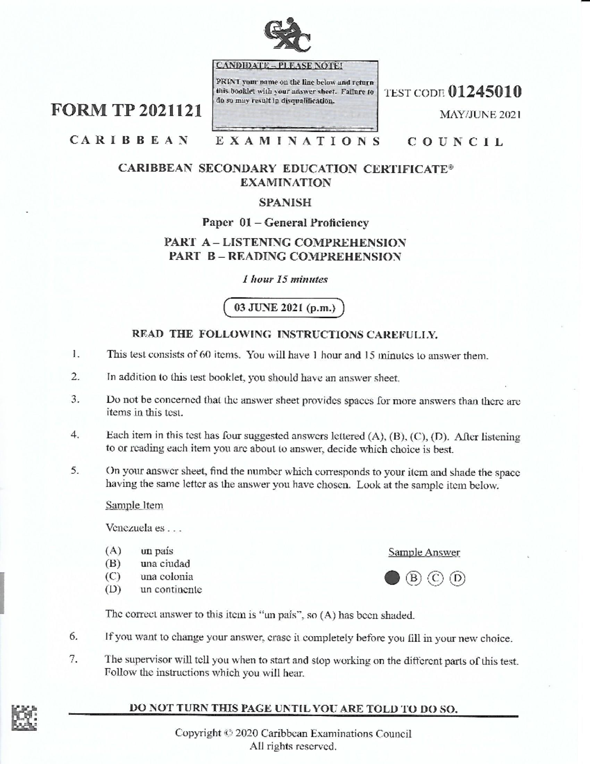 CSEC Spanish Paper 01 2021: Listening & Reading Comprehension Test ...