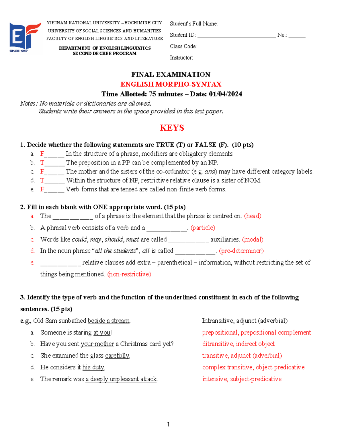 Đề Mẫu Final Exam ENGLISH (Syntax) - Key - Studocu