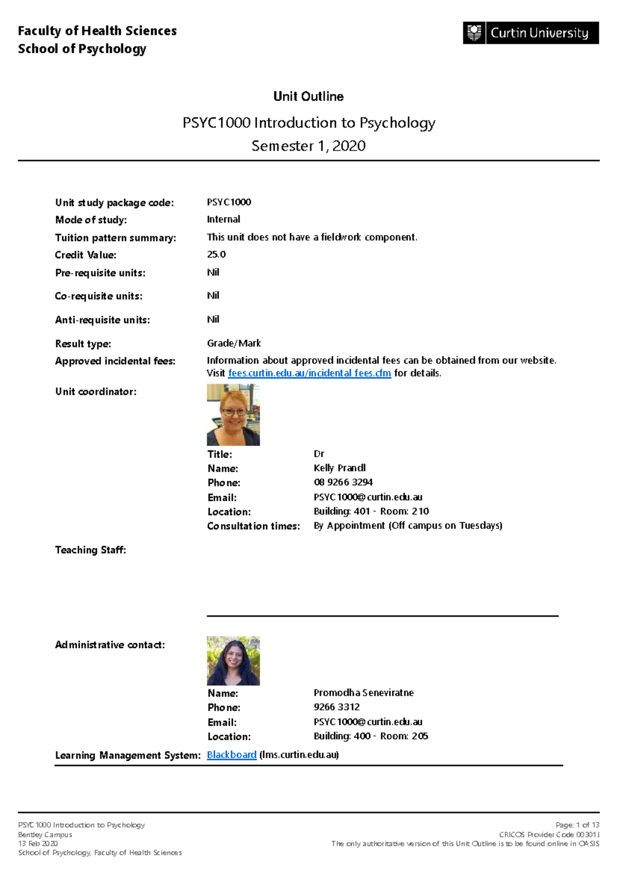 PSYC1000 Introduction to Psychology Semester 1 2020 Bentley Campus INT ...