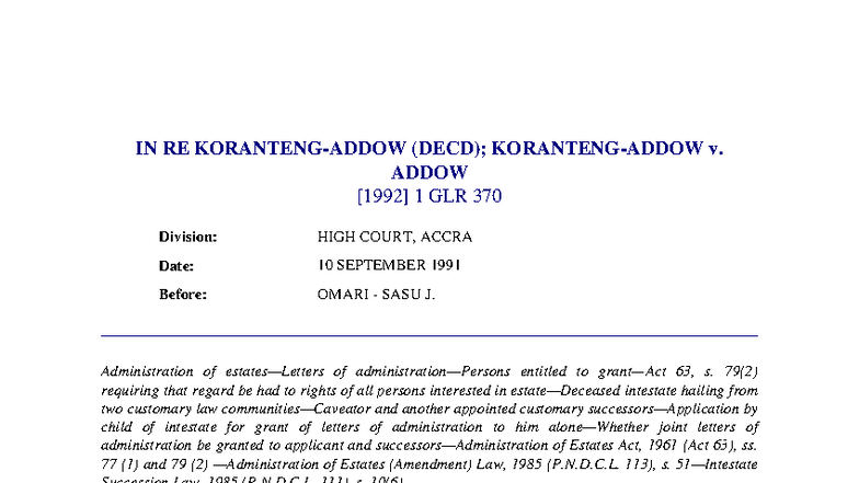 IN RE Koranteng-Addow (DECD): High Court Ruling on Letters of ...