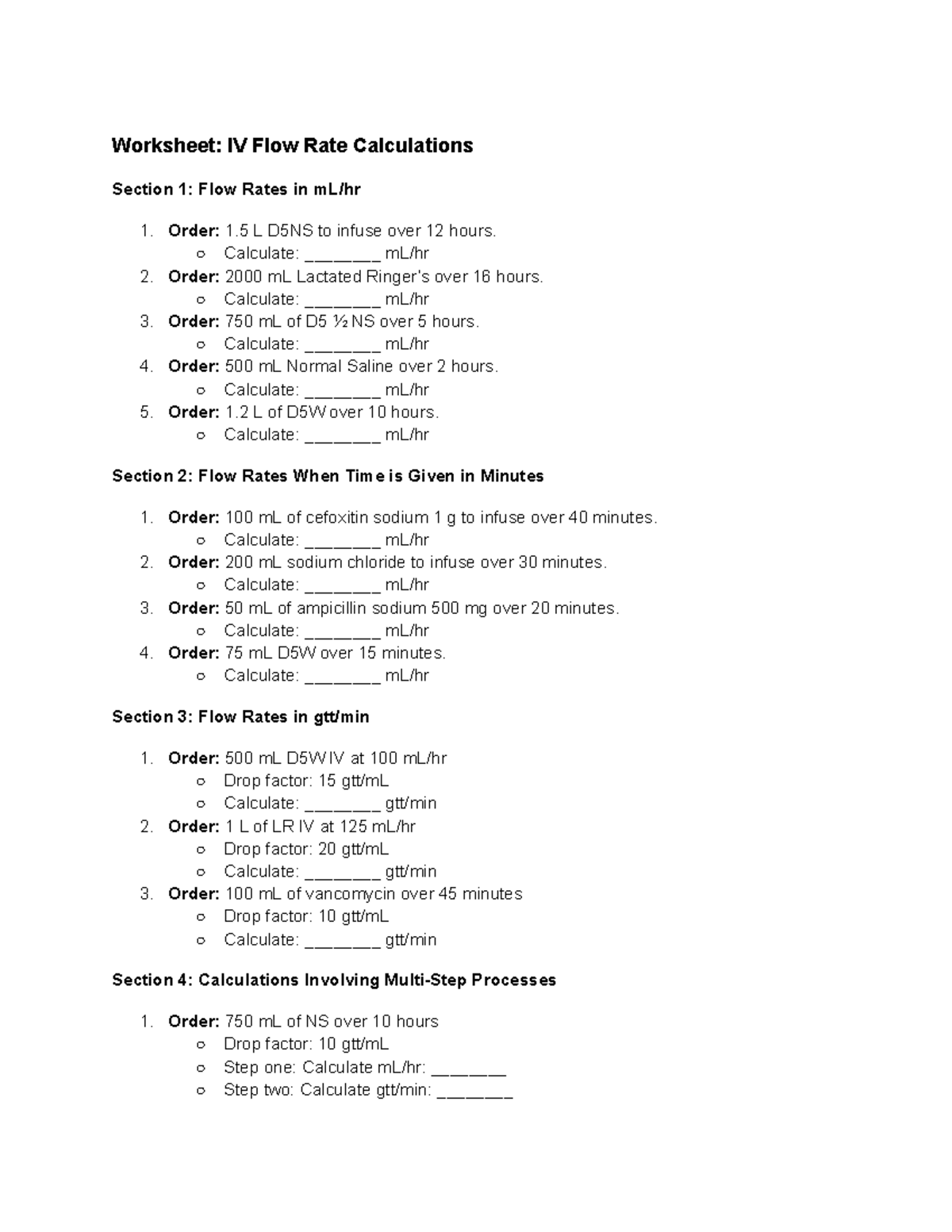 IV Flow Rate Calculations: mL/hr and gtt/min Examples - Studocu