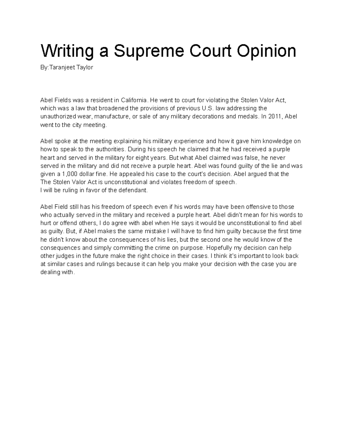 Writing a Supreme Court Opinion on the Stolen Valor Act Case - Studocu