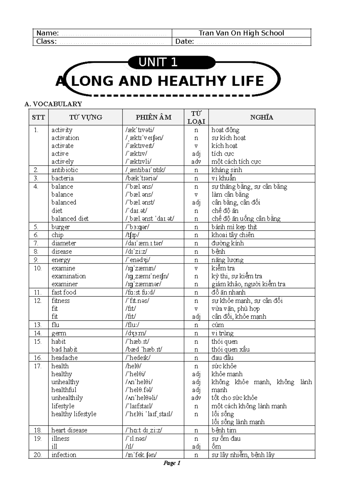 Unit 1 - GV - A Long and Healthy Life Vocabulary and Practice - Studocu