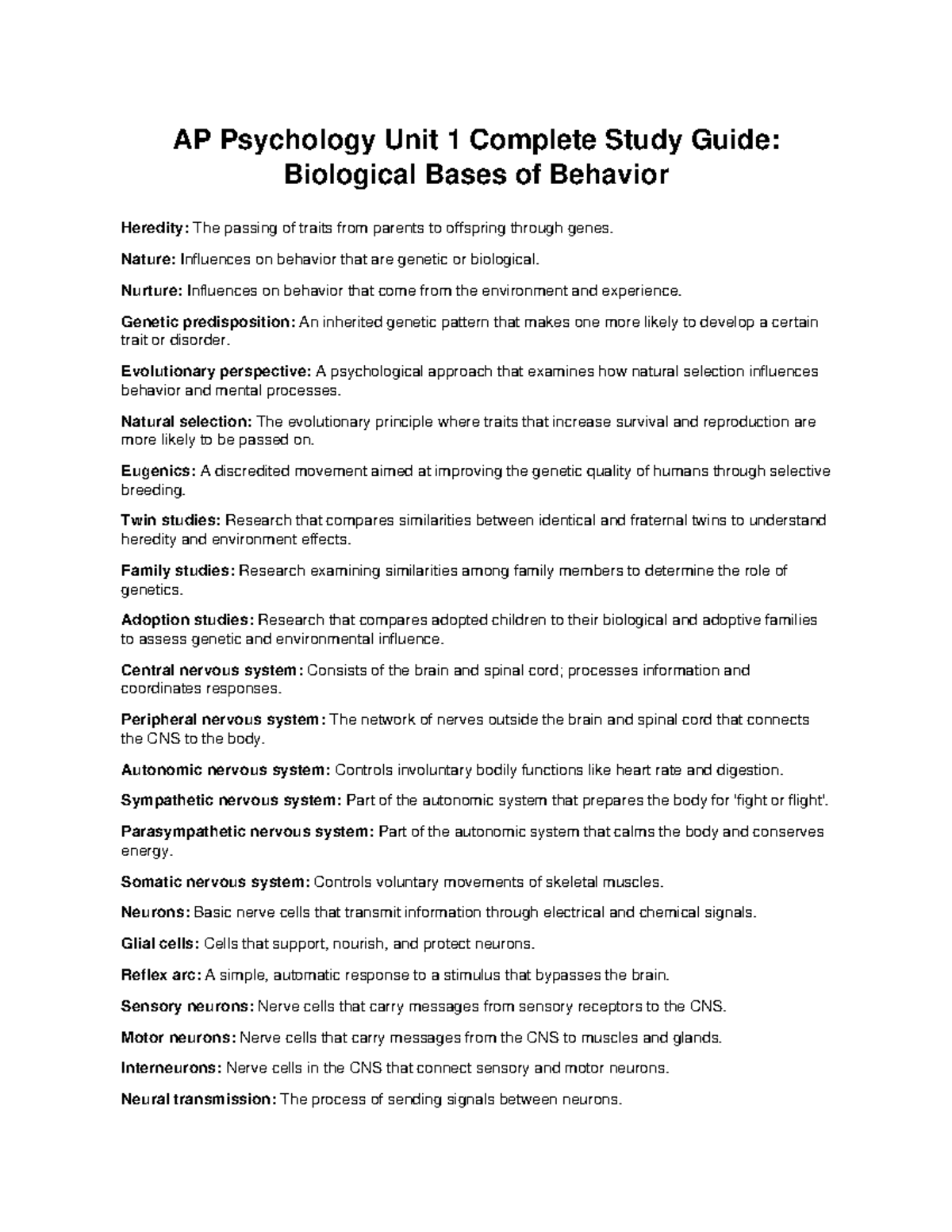 AP Psychology Unit 1 Study Guide: Biological Bases of Behavior - Studocu