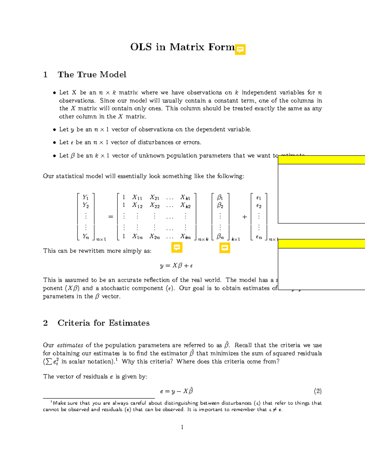 Matrix OLS Notes for NYU: Understanding the True Model and Estimation ...