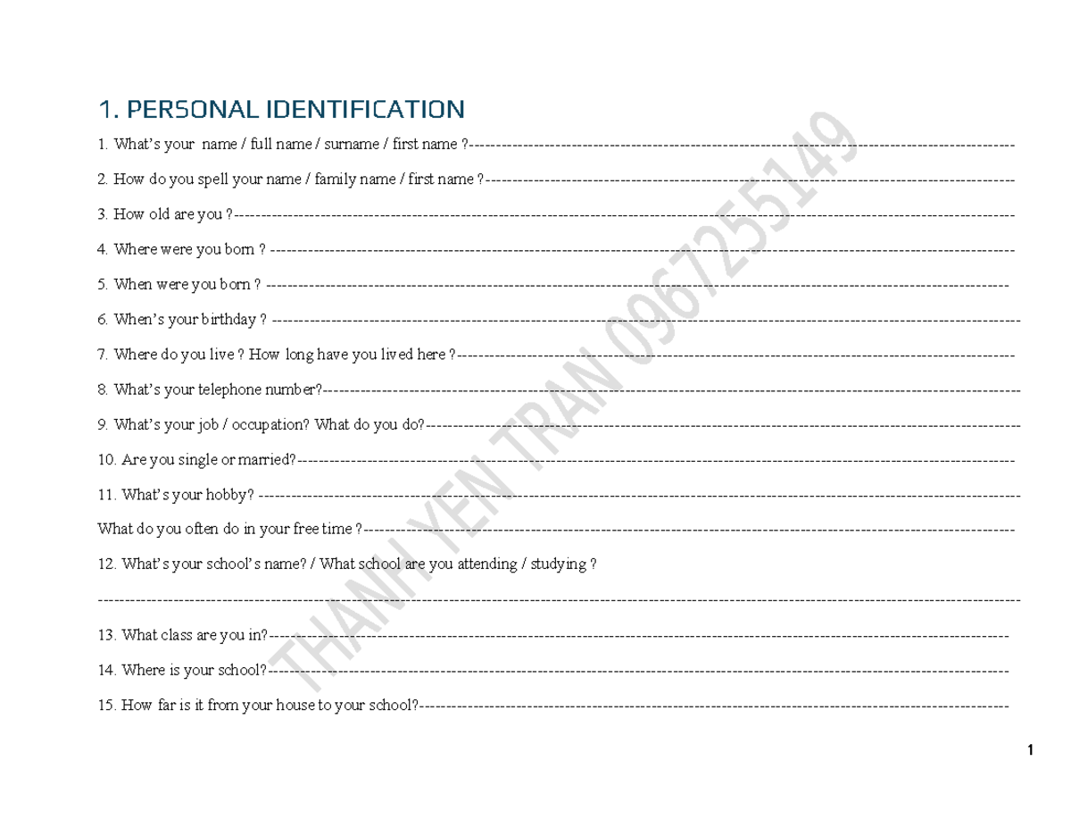 KET Speaking Topics Answers: Personal Identification & Hobbies - Studocu