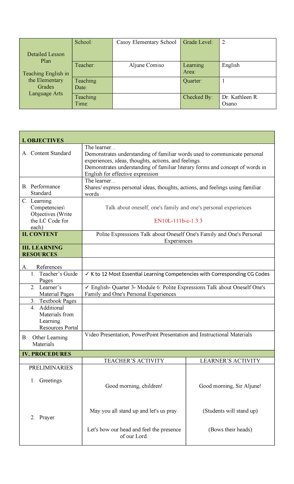 DLP: English Lesson Plan for Grade 2 - Casoy Elementary School - Studocu