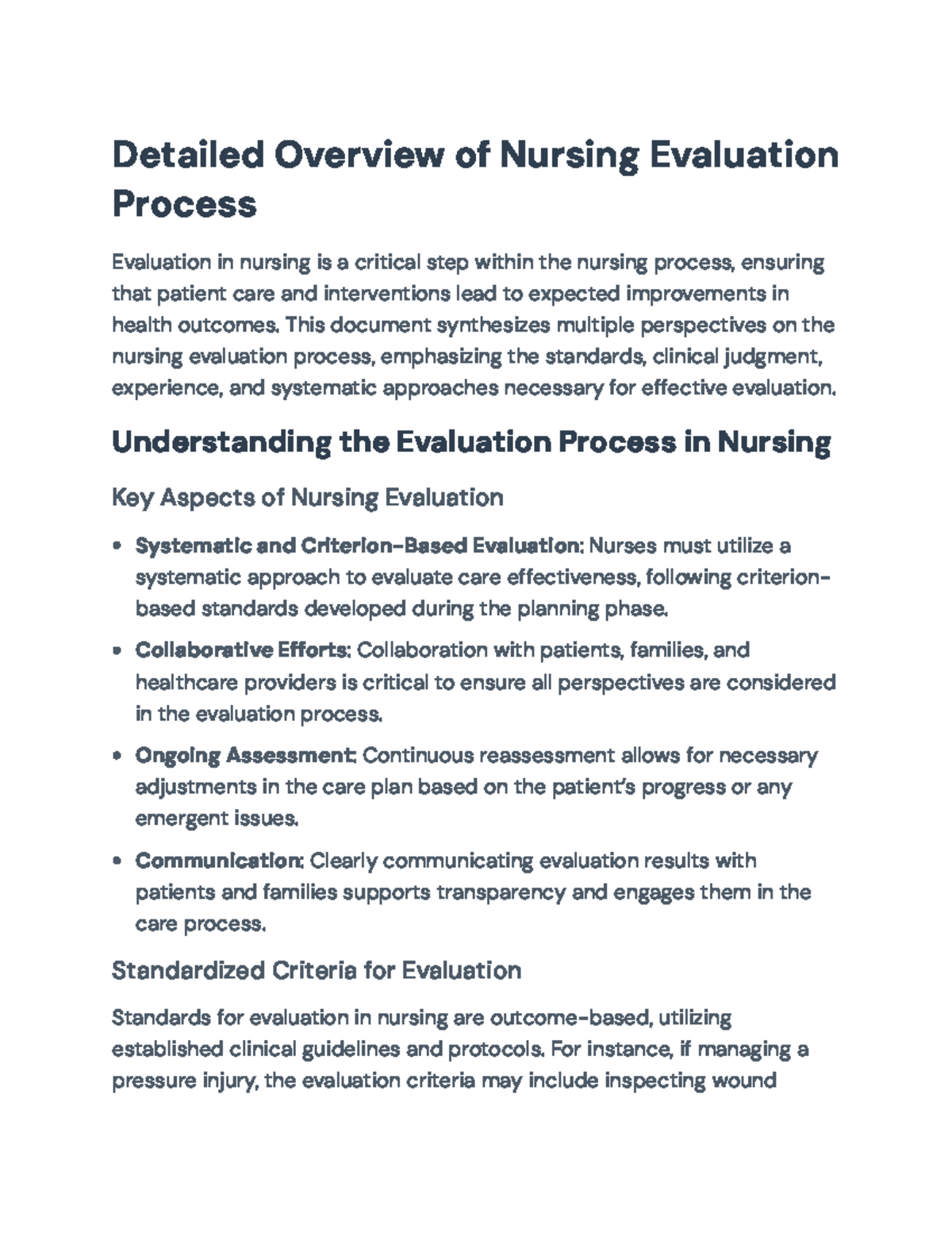 NURS 310: Nursing Evaluation Process - Key Insights & Aspects - Studocu