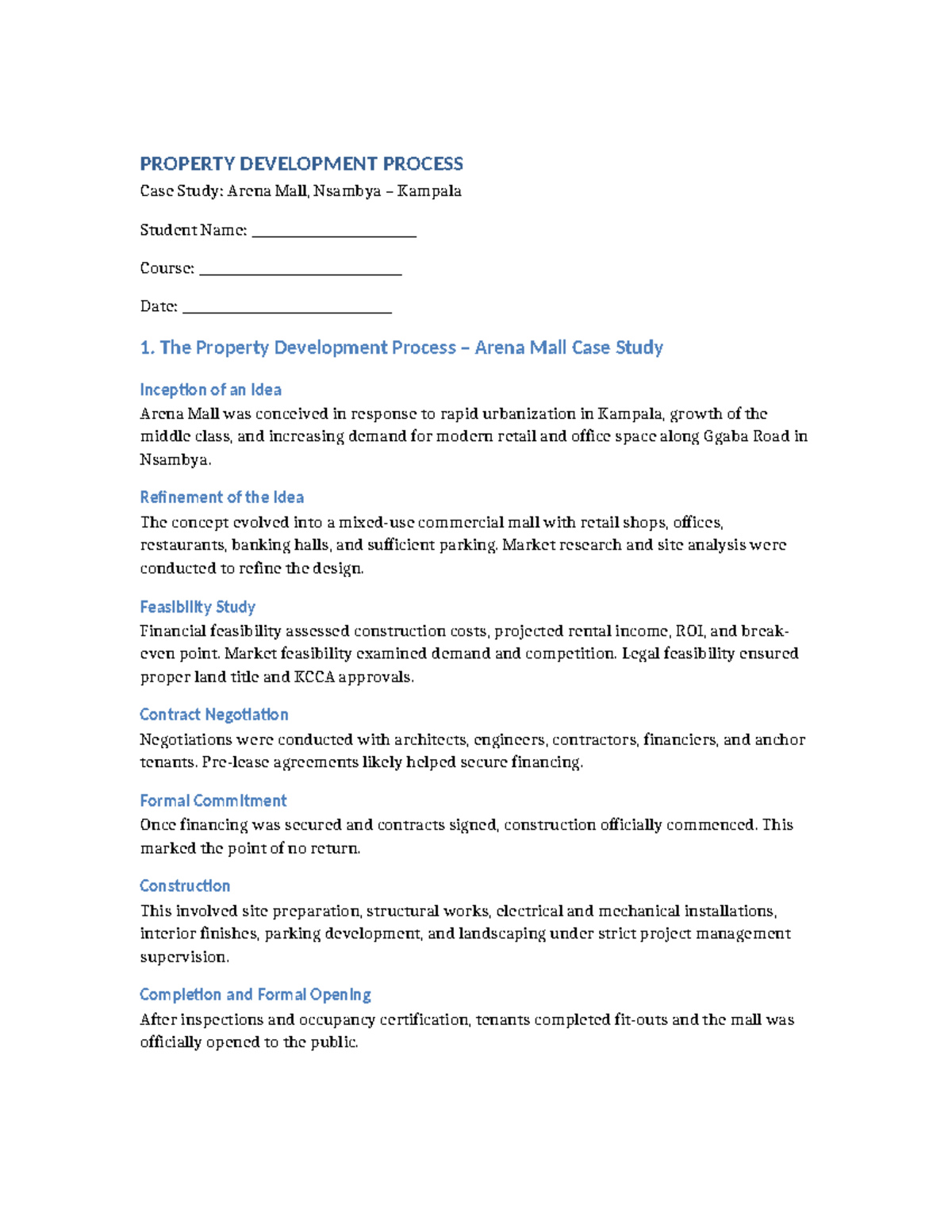 PROPERTY DEVELOPMENT PROCESS Case Study: Arena Mall, Nsama - Studocu