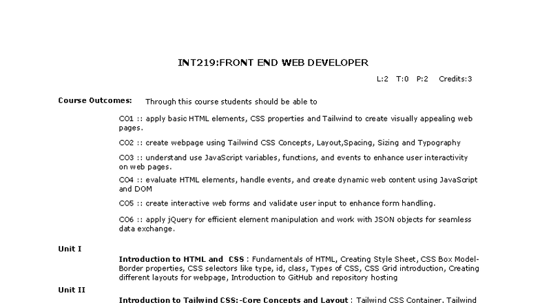 INT219: Front End Web Developer Course Syllabus and Outcomes - Studocu