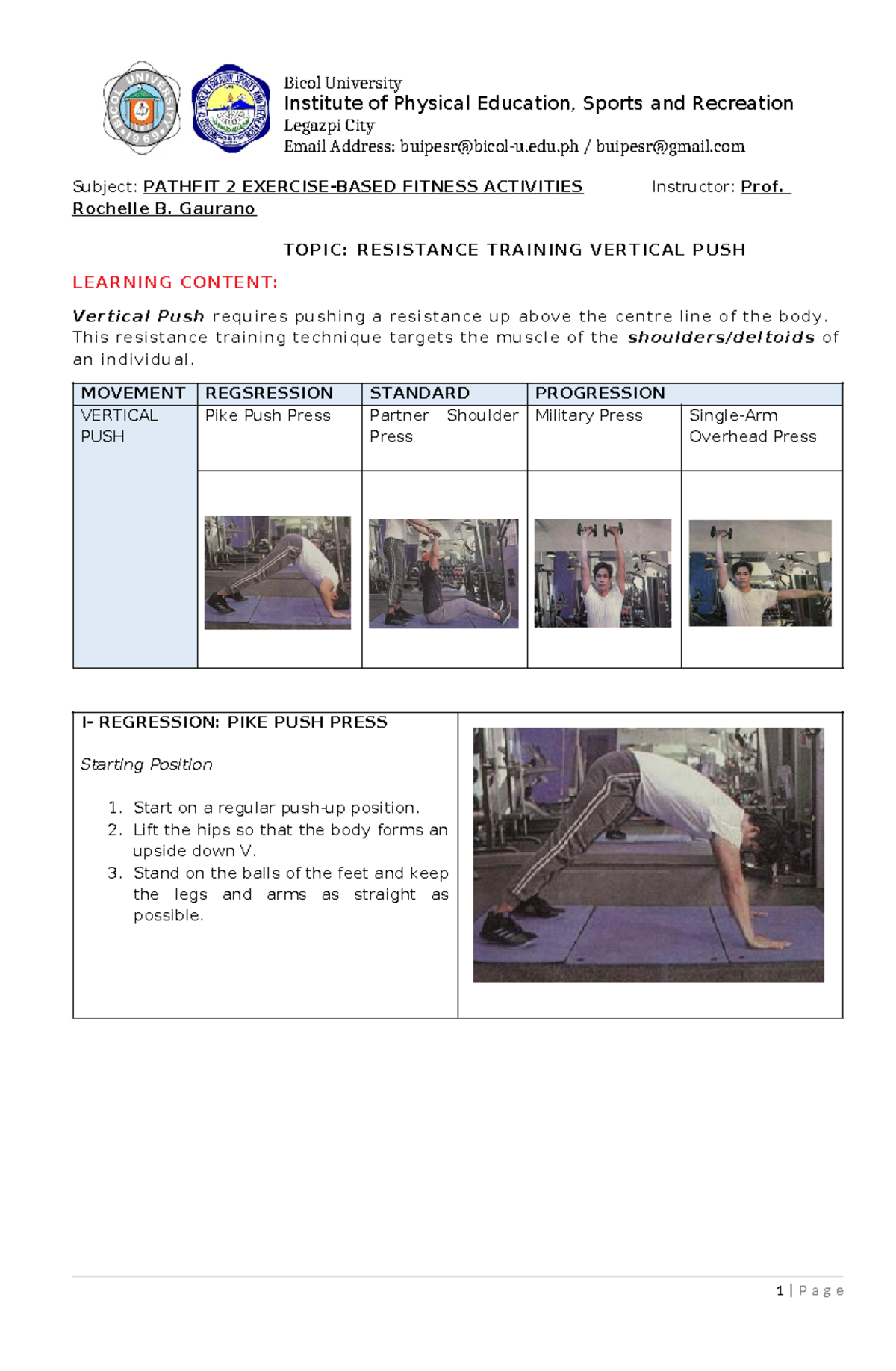 PATHFIT 2: Resistance Training Vertical Push Techniques Handout - Studocu