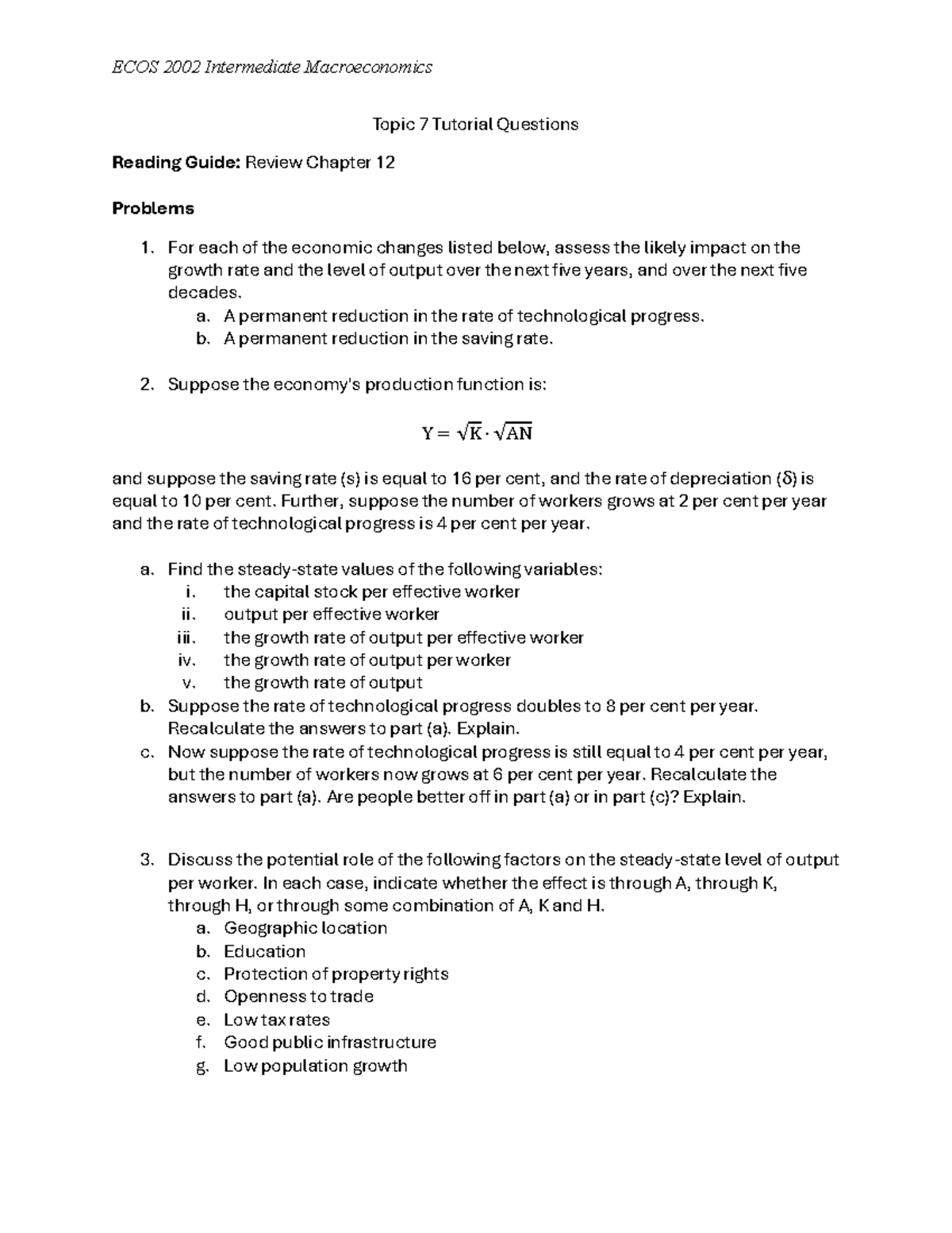 ECOS 2002 Intermediate Macroeconomics Tutorial 9 Reading Guide - Studocu