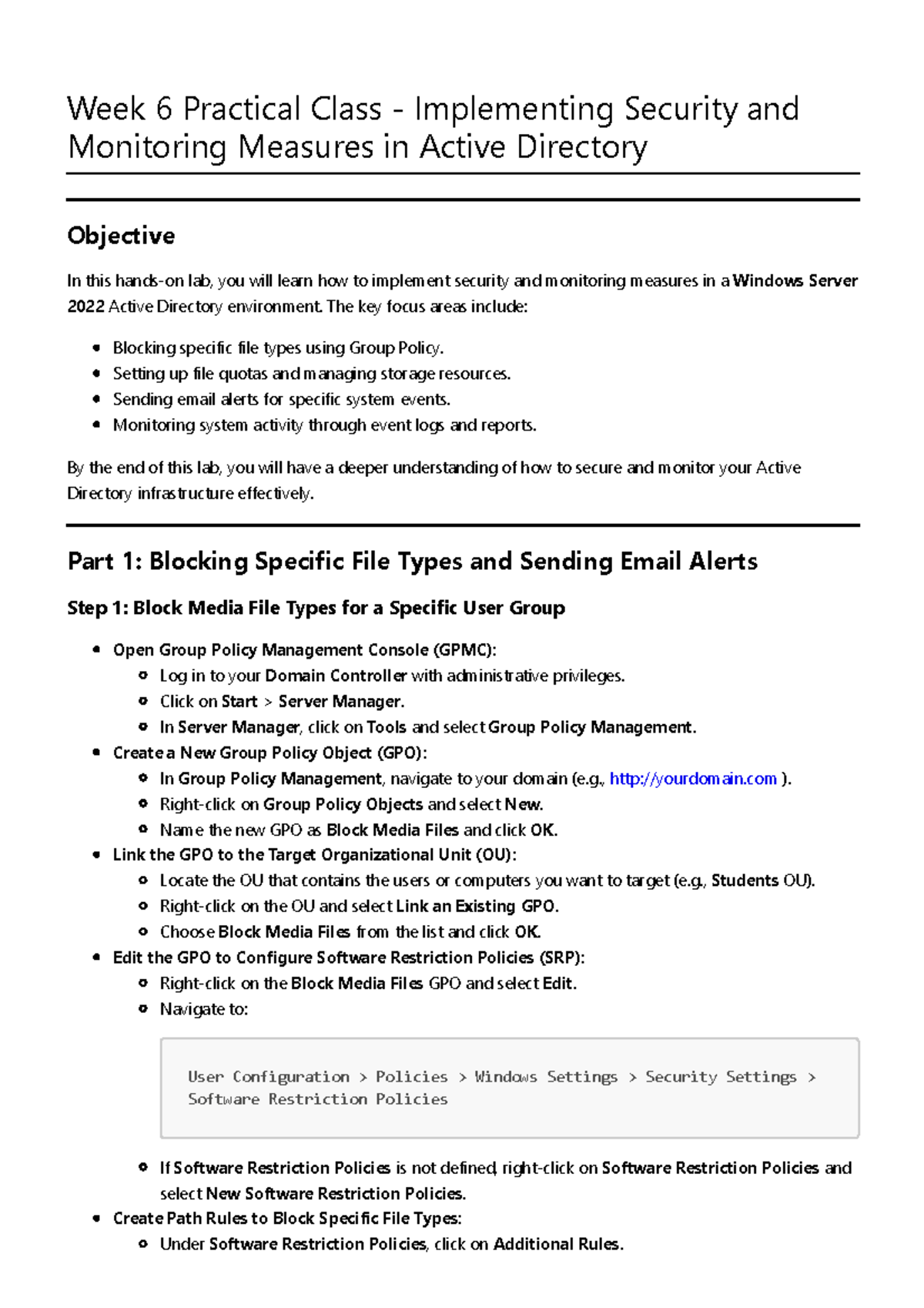 Week 6 Lab: Security & Monitoring in Active Directory (Windows Server ...