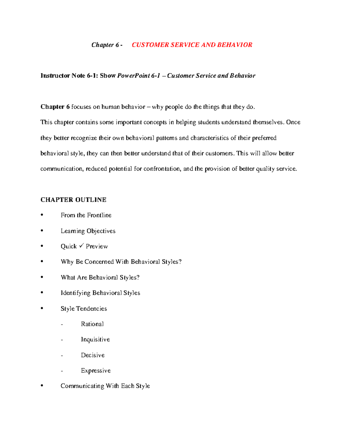 Ch06 Customer Service and Behavior - Chapter 6 - CUSTOMER SERVICE AND ...