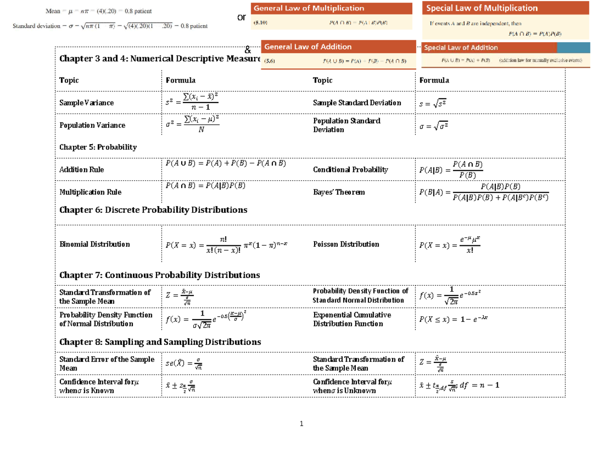Formula Sheet Using in Final Exam - KEY FORMULAS 1 Chapter 3 and 4: Numerical Descriptive ...